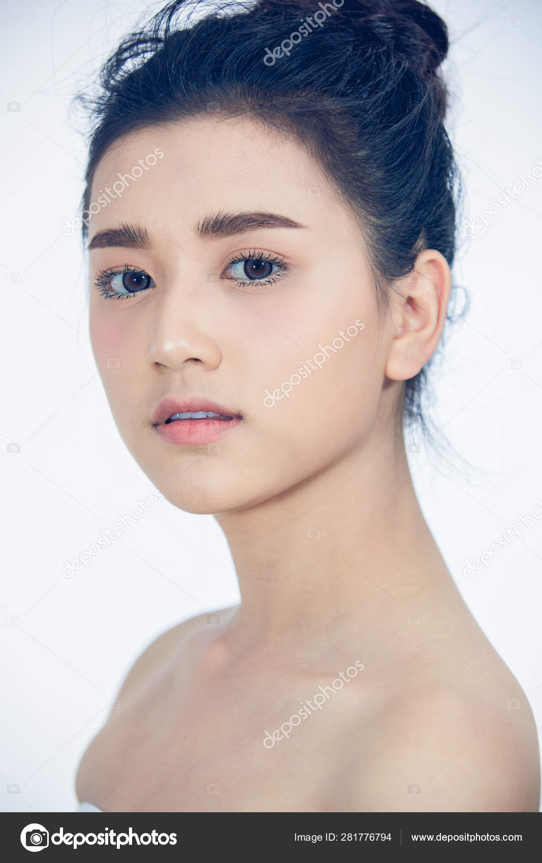 Portrait Beautiful Asian Woman Clean Fresh Skin Looking Camera Isolated