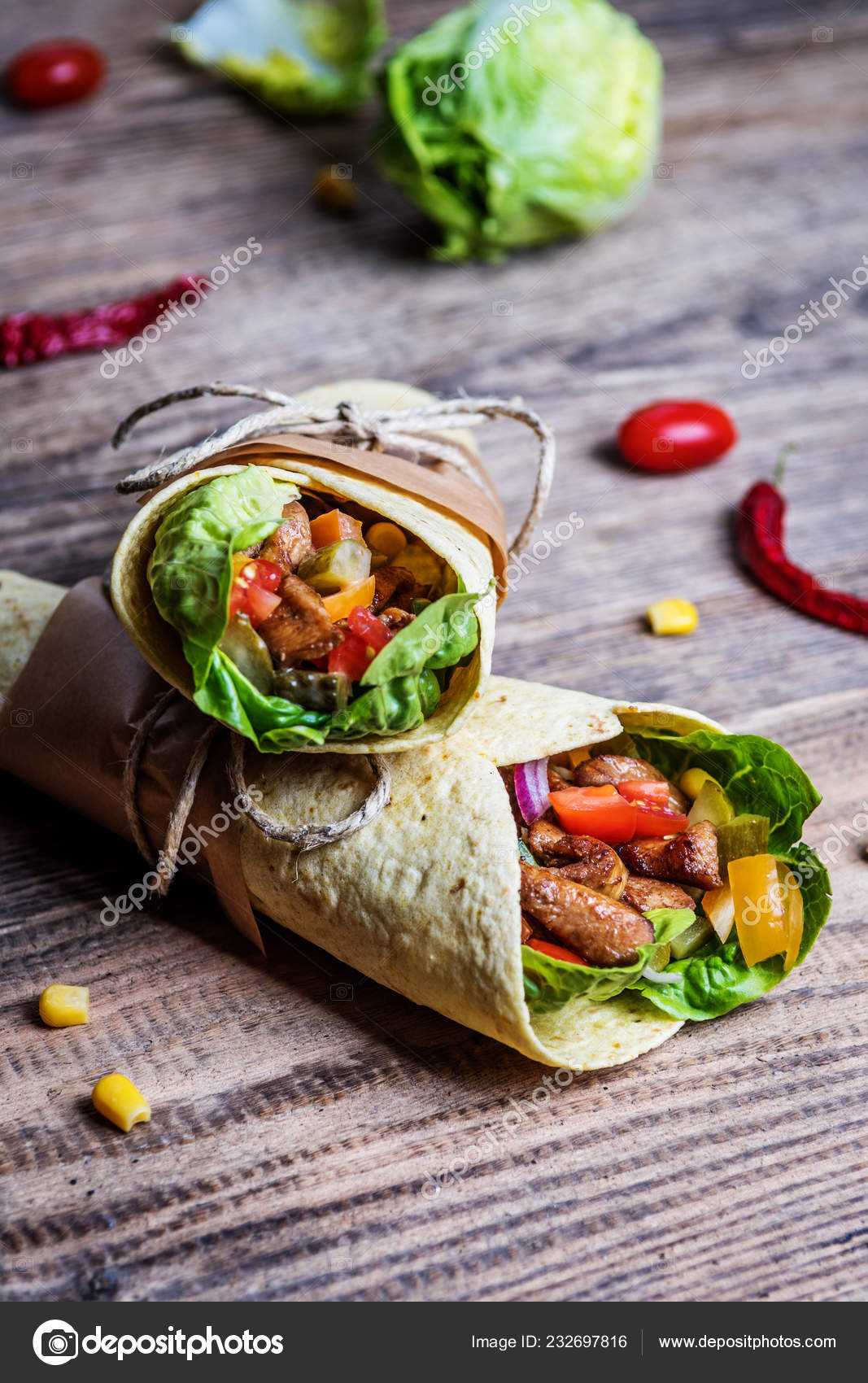 Traditional Mexican Tortilla Wrap Vegetables Grilled Chicken Meat Wood ...