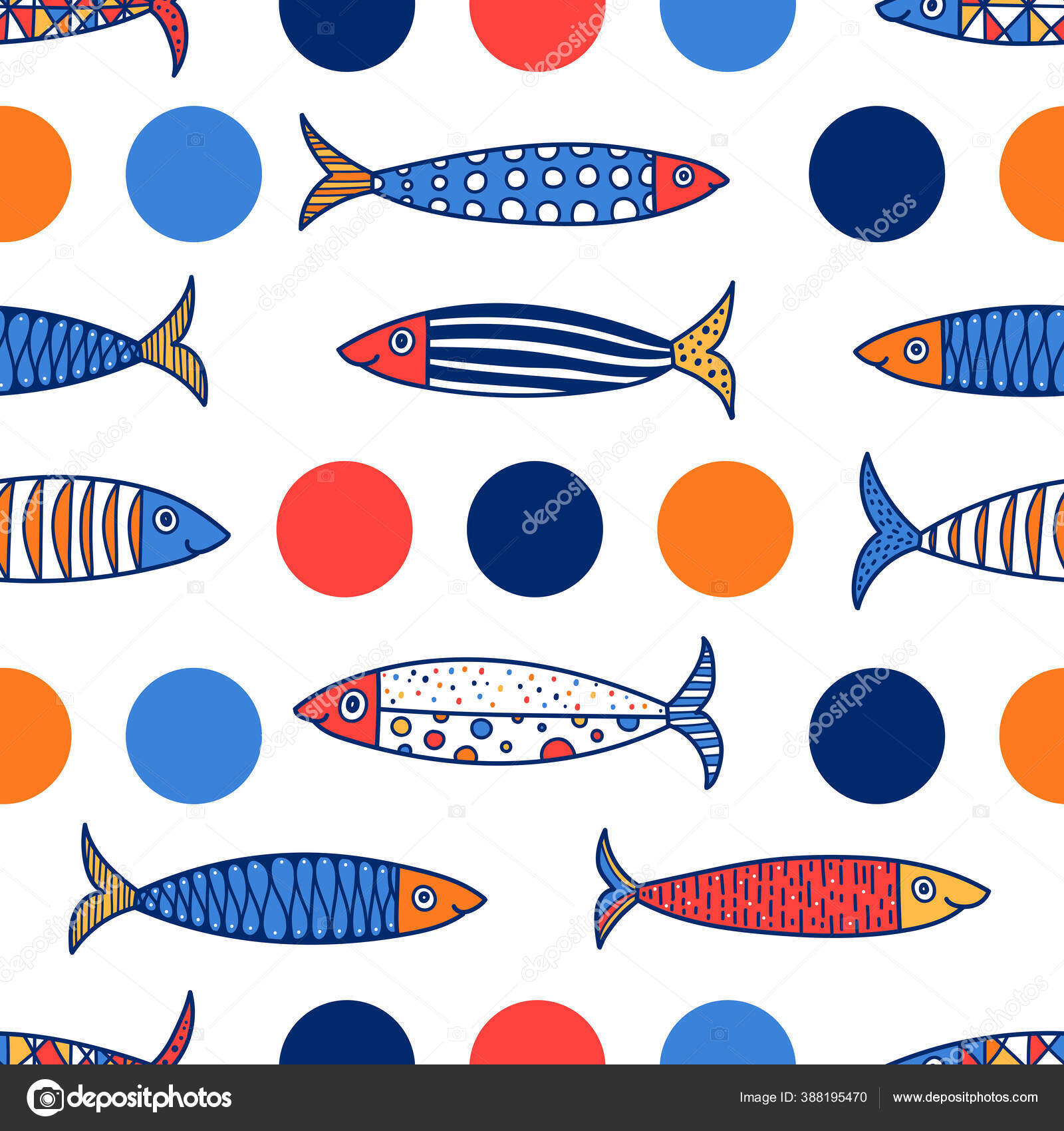 Cute Fish Sardines Polka Dots Kids Background Seamless Pattern Can ...