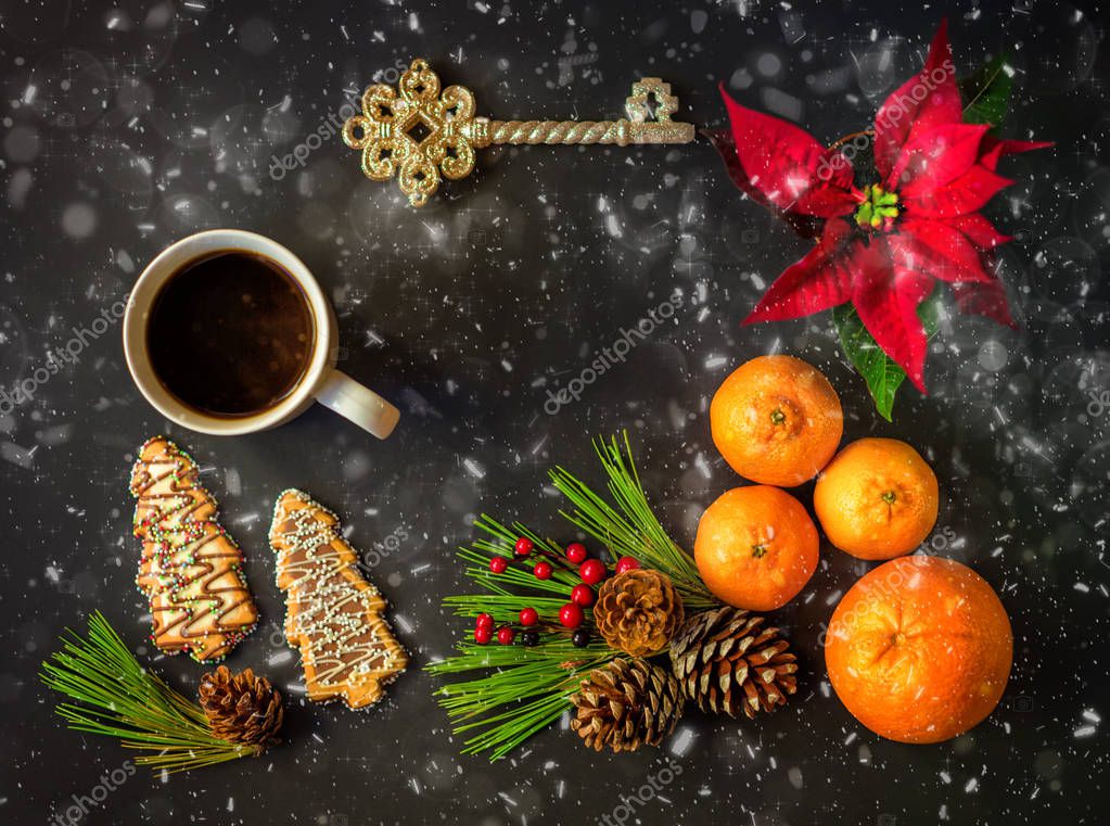 Navidad Año nuevo bodegón plano yacía con una estrella de Navidad ...
