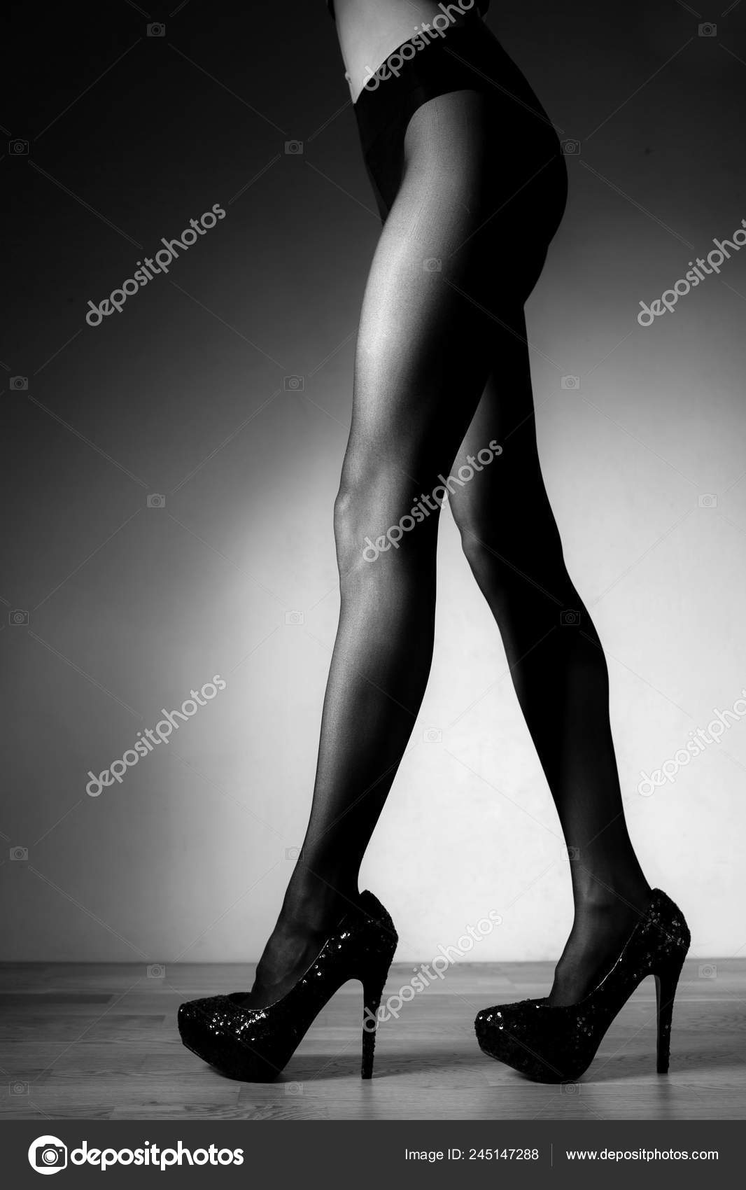 Black White Photo Beautiful Legs Nice Stockings White Background Stock