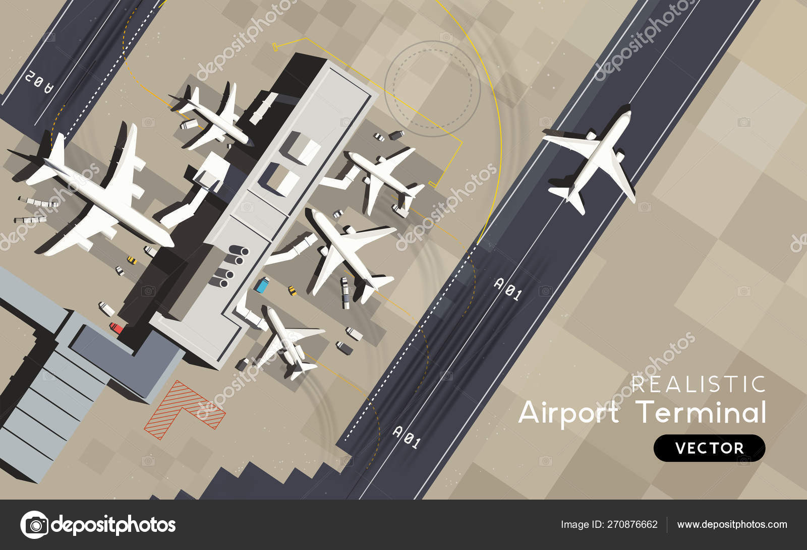 Vista aérea - Terminal do aeroporto com pista e aviões Vetor de ...