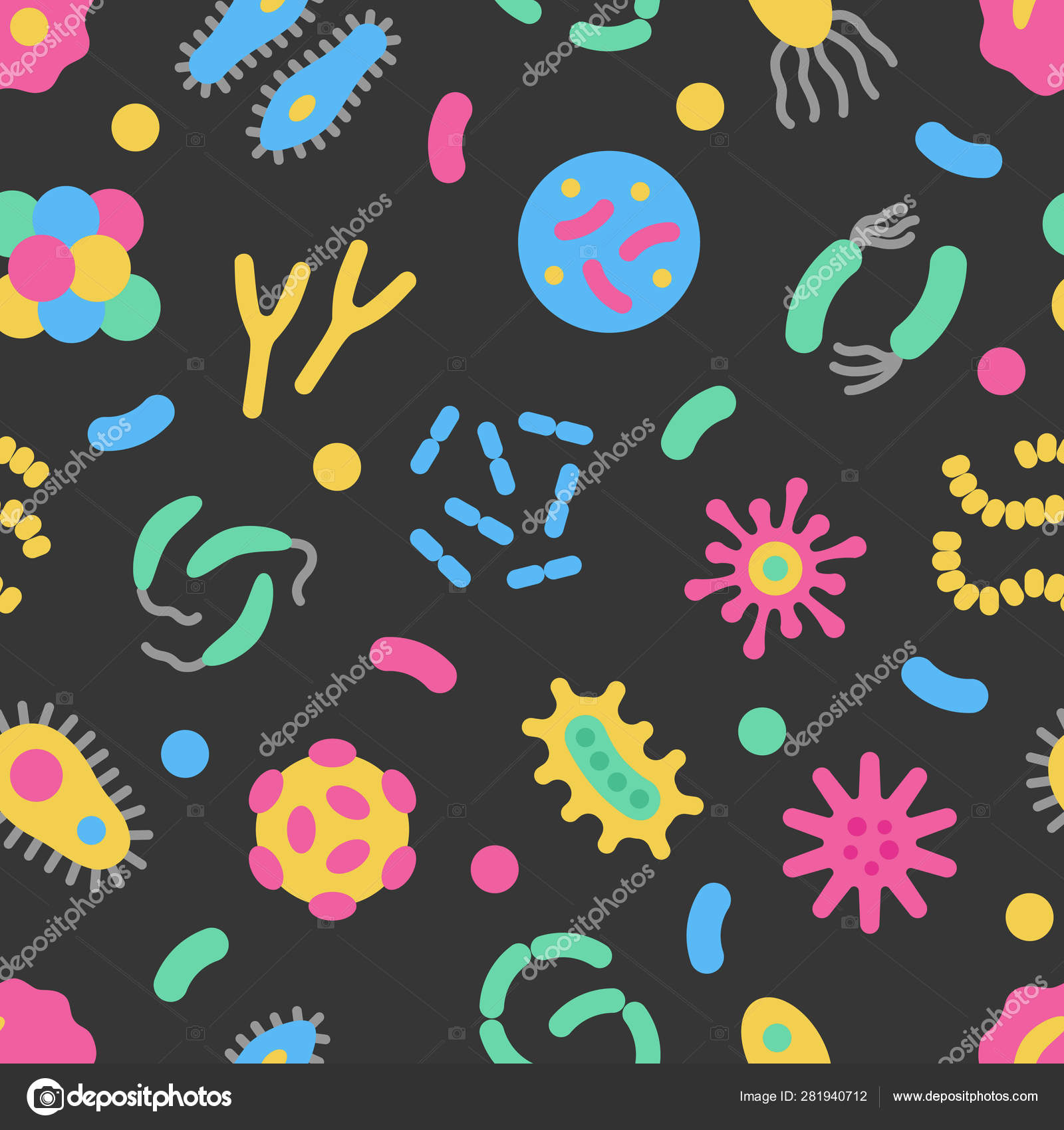 Bacteria, microbe, virus colorful vector seamless pattern on dark background Stock Vector Image ...
