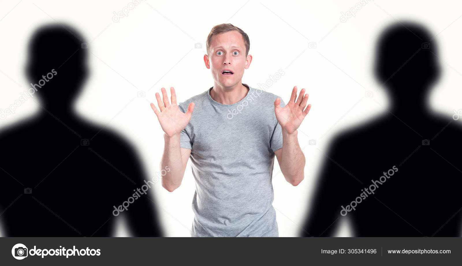 Danger Young Scared Man Raised His Hands Fear Two Silhouettes Stock ...