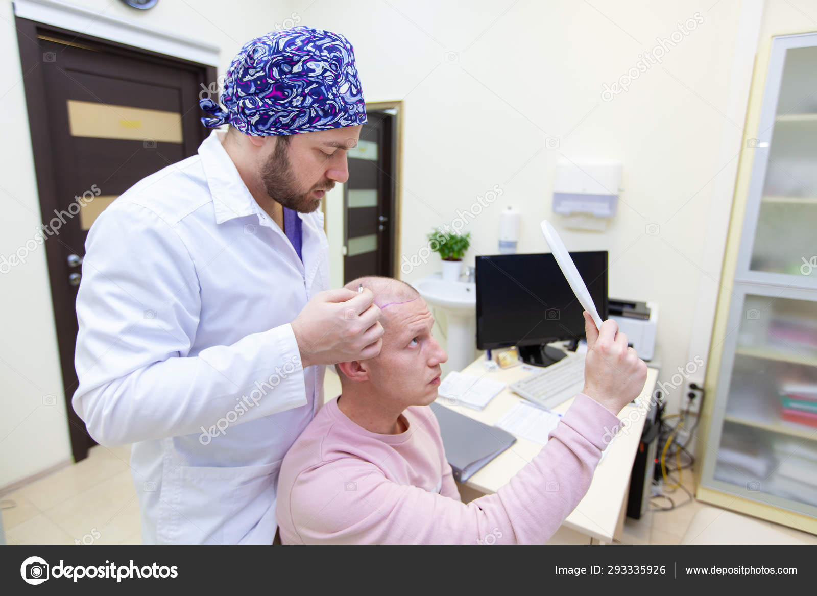 Baldness treatment. Patient suffering from hair loss in consultation ...