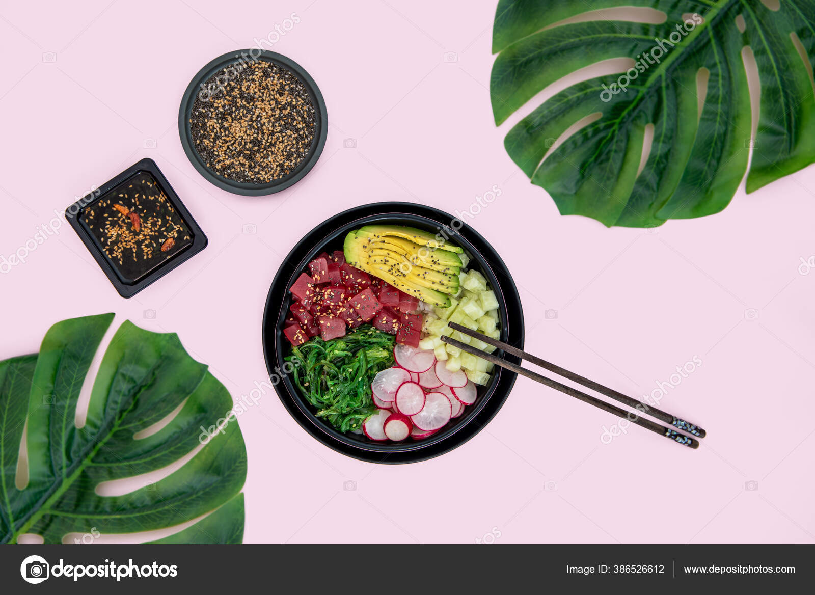 Top View Tuna Poke Bowl Rice Avocado Wakame Radish Cucumber Stock Photo ...