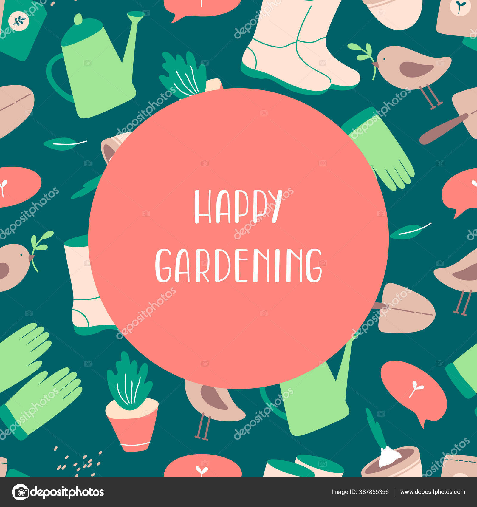 Label Card Template Gardening Tools Circle Lettering Text Happy ...