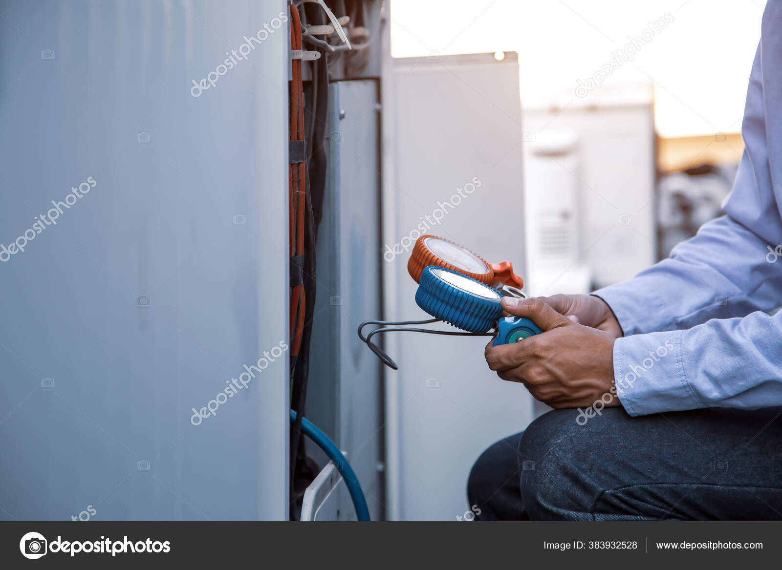 Air Repair Mechanic Using Measuring Equipment Filling Industrial ...