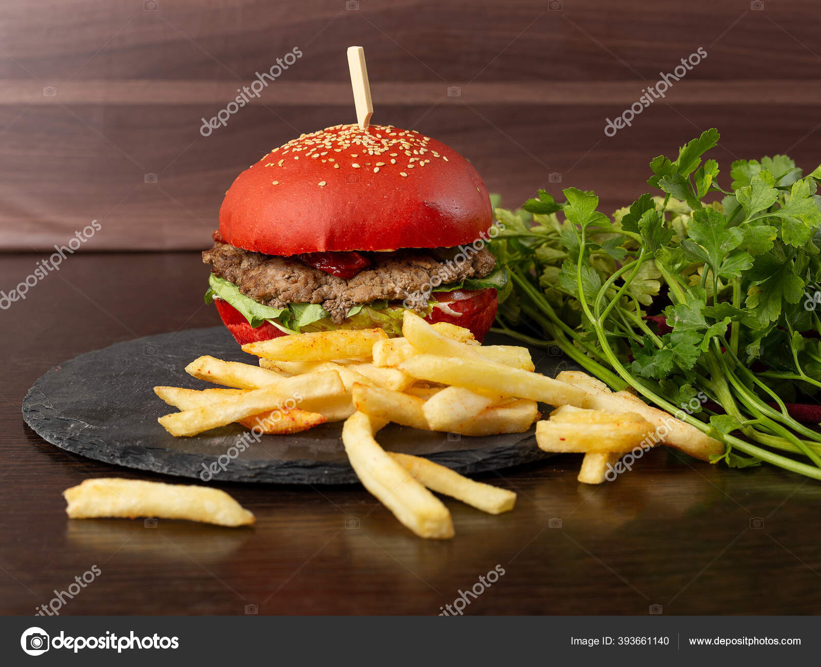 Red Burger Dark Background Fries Stock Photo by ©Jiyu3a 393661140