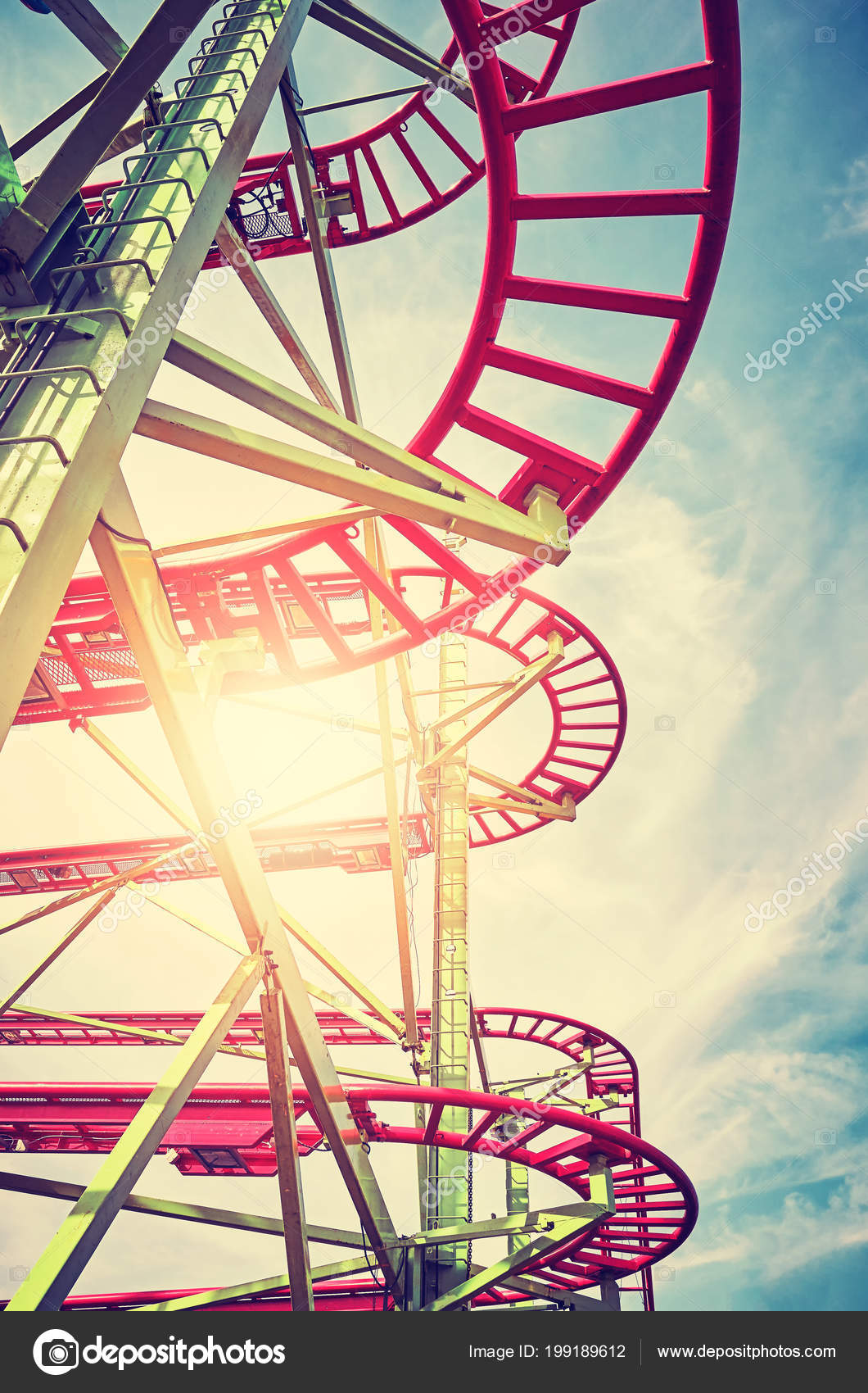 Vintage Stylized Picture Roller Coaster Tracks Amusement Park Sunset ...