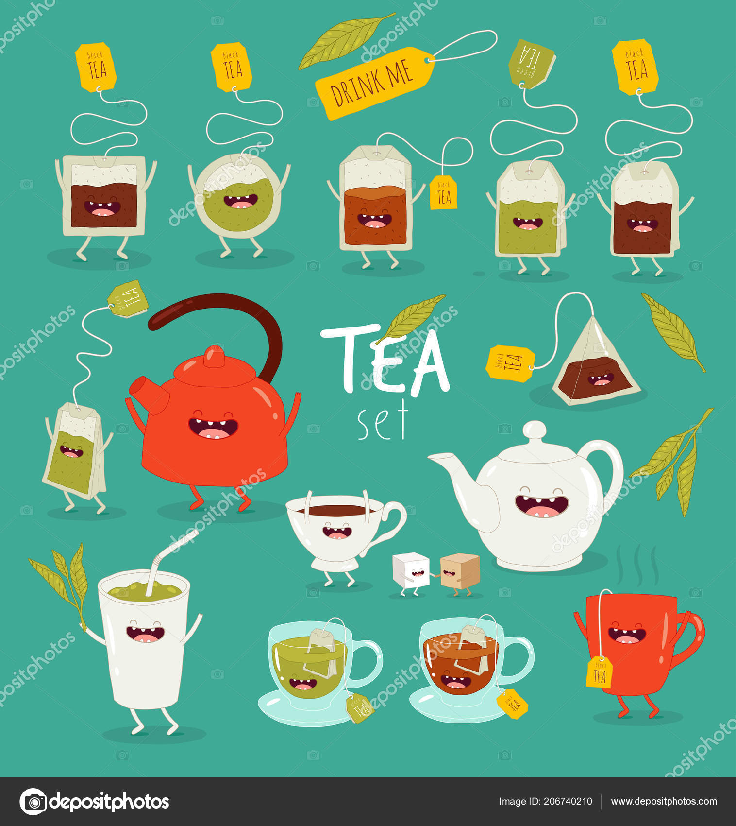 Funny Set Tea Hand Drawn Smiley Characters Tea Tea Time Stock Vector ...