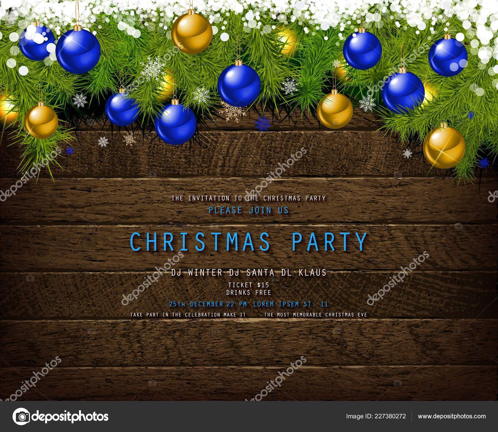 Invitation Christmas Party Wooden Background Tinsel Balls Vector ...