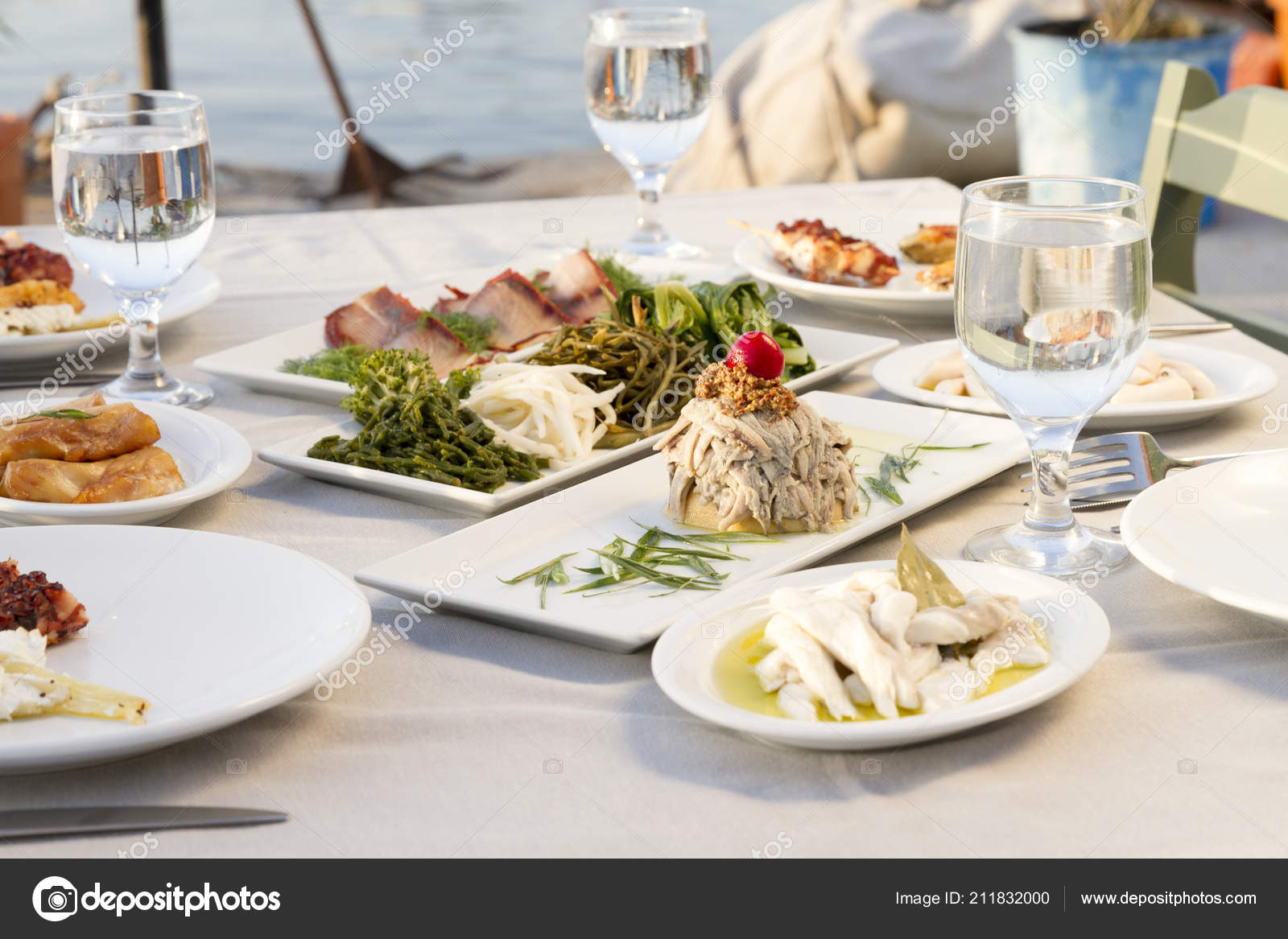 Table Setting Different Seafood Meals Outdoor Cafe Stock Photo by ...