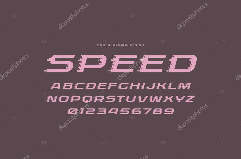 Decorativo sans serif italic fuente en estilo racing. Letras y números ...