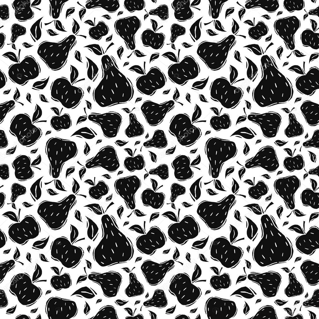 Peras y el patr n de manzana sin costuras. Ilustraci n en estilo linograbado. Impresi n en negro ...