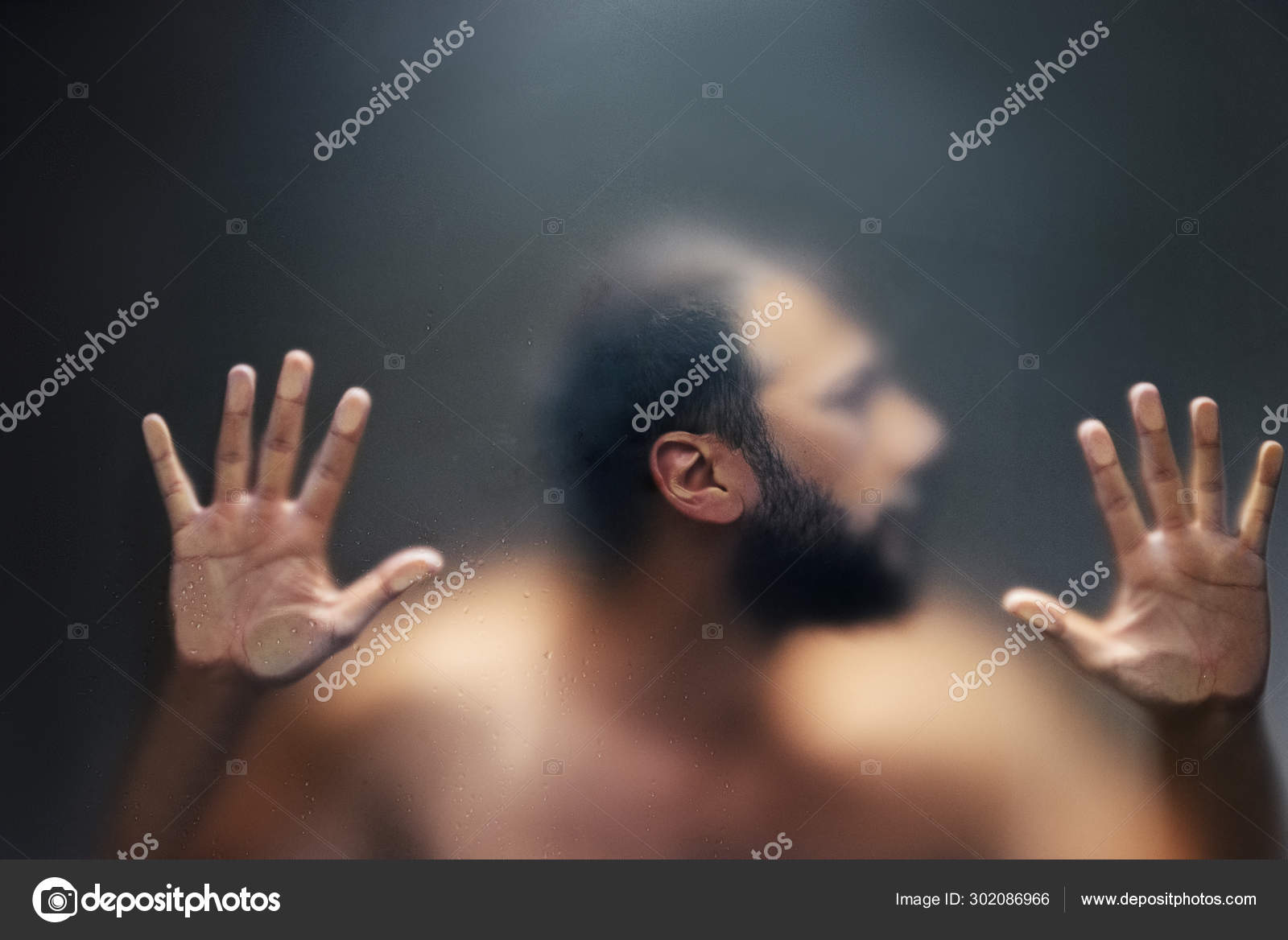 Creepy man listening with one ear behind a frosted glass. — Stock Photo ...