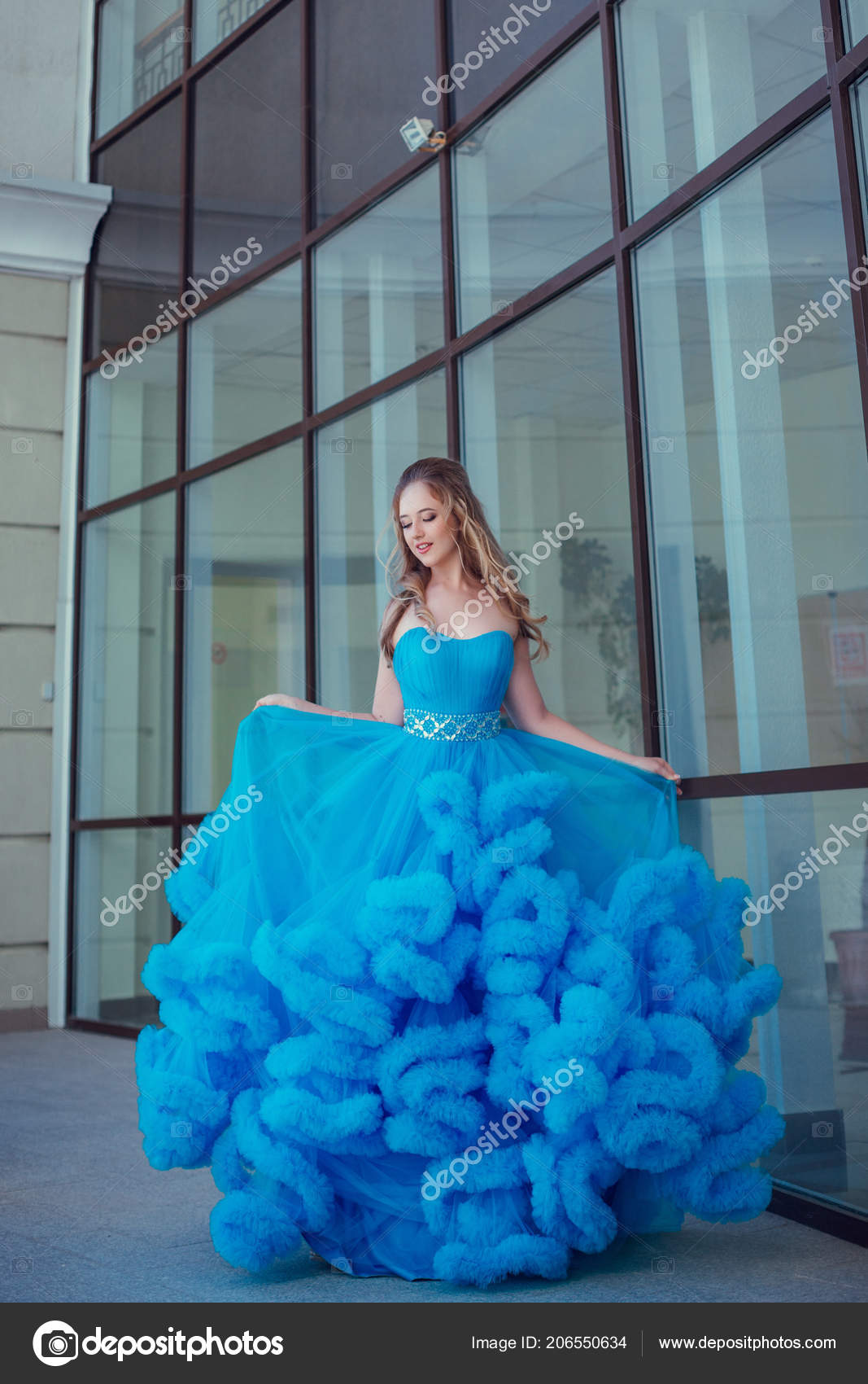 Beautiful Young Model Blue Dress Posing Stock Photo by ©Selenittt 206550634