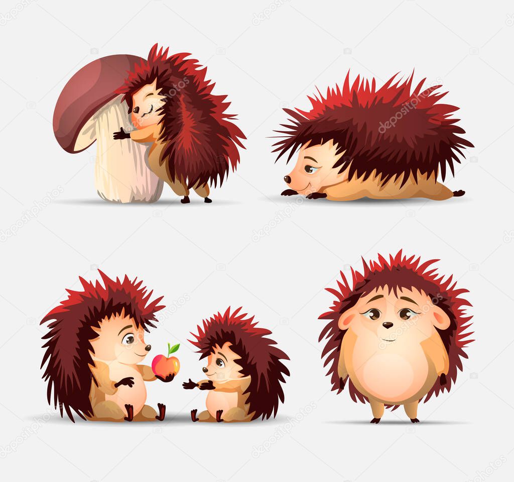 Conjunto vectorial de lindos erizos de dibujos animados, manzana y ...