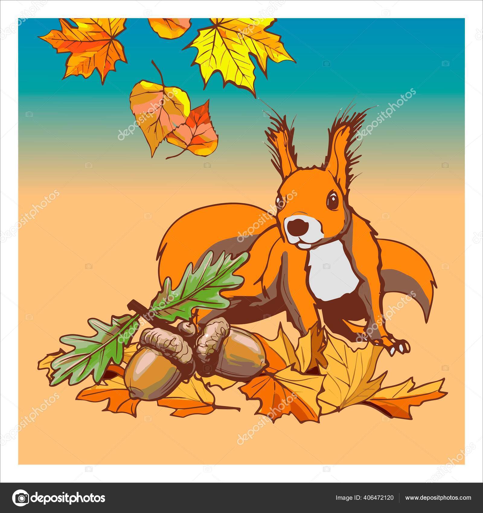 Cute Squirrel Sits Ground Leaves Acorns Banner Colorful Autumn Elements ...