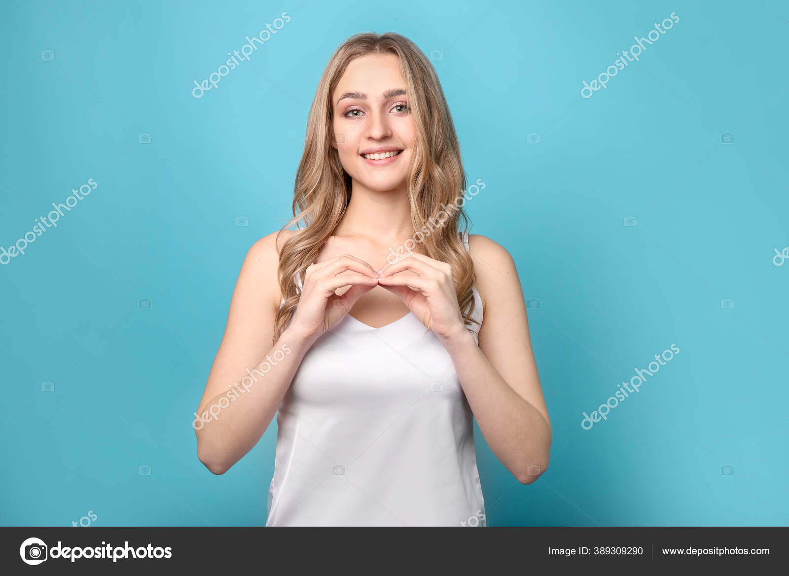 Beautiful Woman Using Sign Language Blue Background Stock Photo by ...