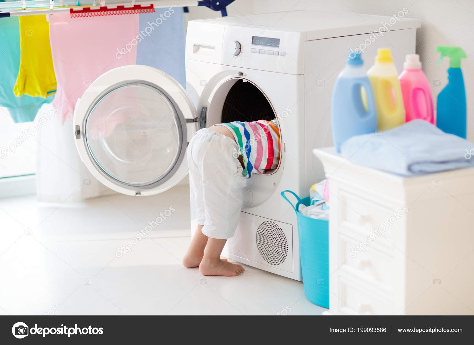 Child Laundry Room Washing Machine Tumble Dryer Kid Helping Family ...