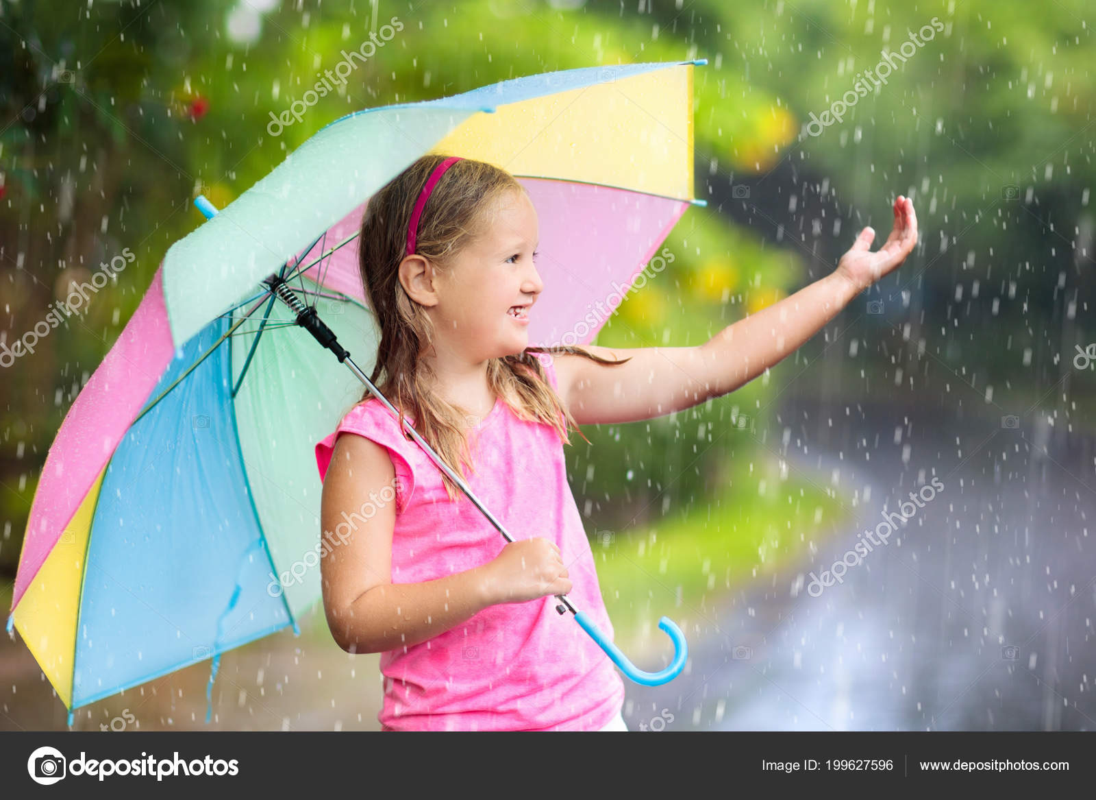 Kid Playing Out Rain Children Umbrella Play Outdoors Heavy Rain Stock ...