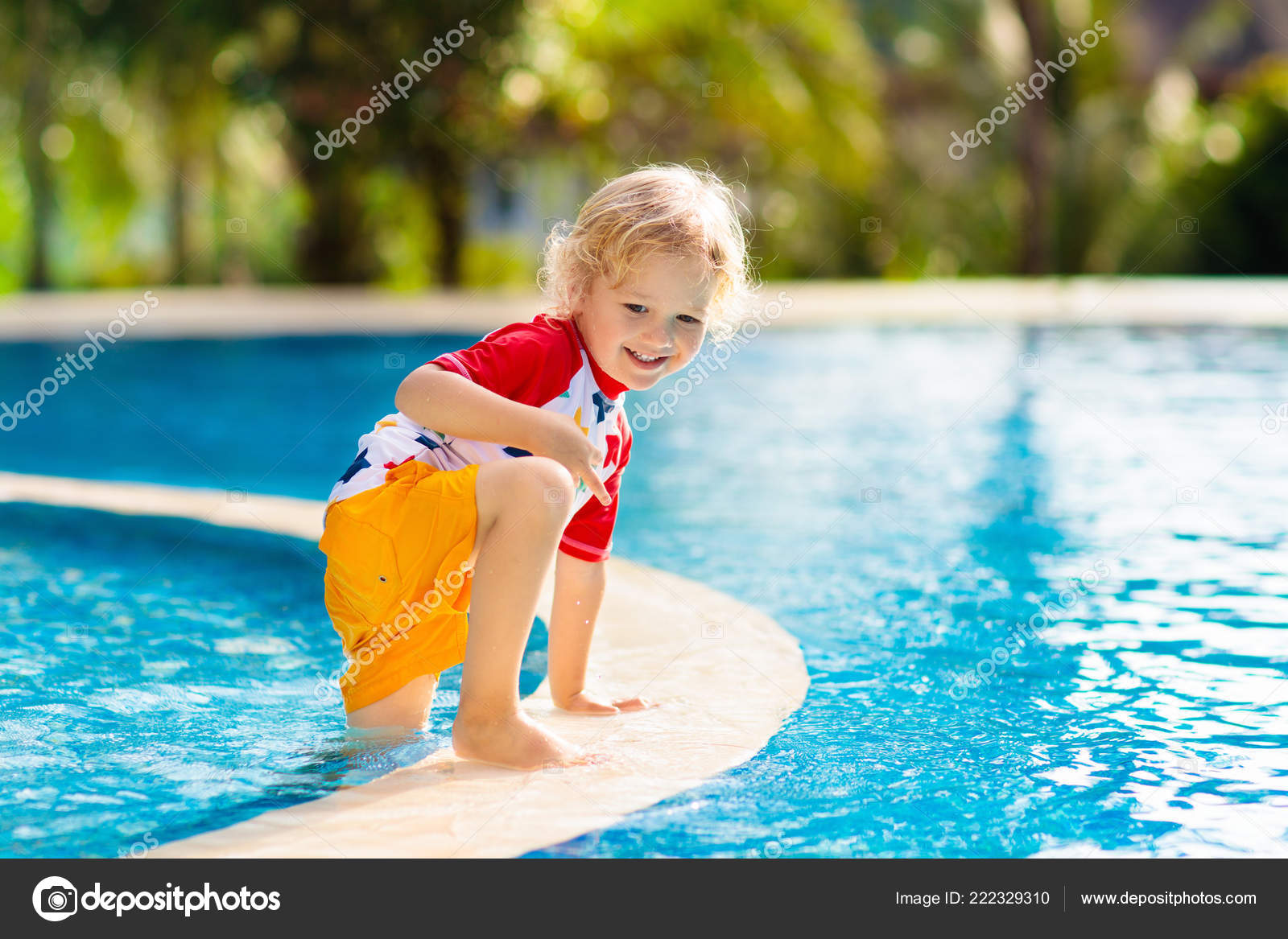 Child Playing Swimming Pool Summer Vacation Kids Little Boy Jumping ...
