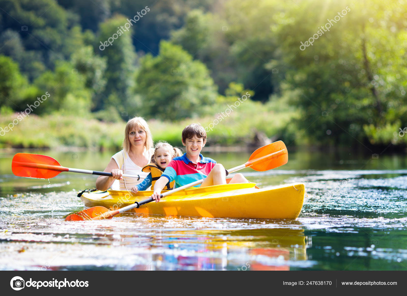 Child on kayak. Kids on canoe. Summer camping. Stock Photo by ...