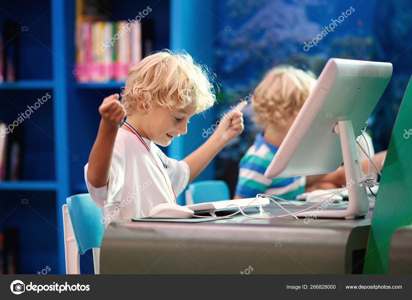 Computer class for school kids. Children study. Stock Photo by ...
