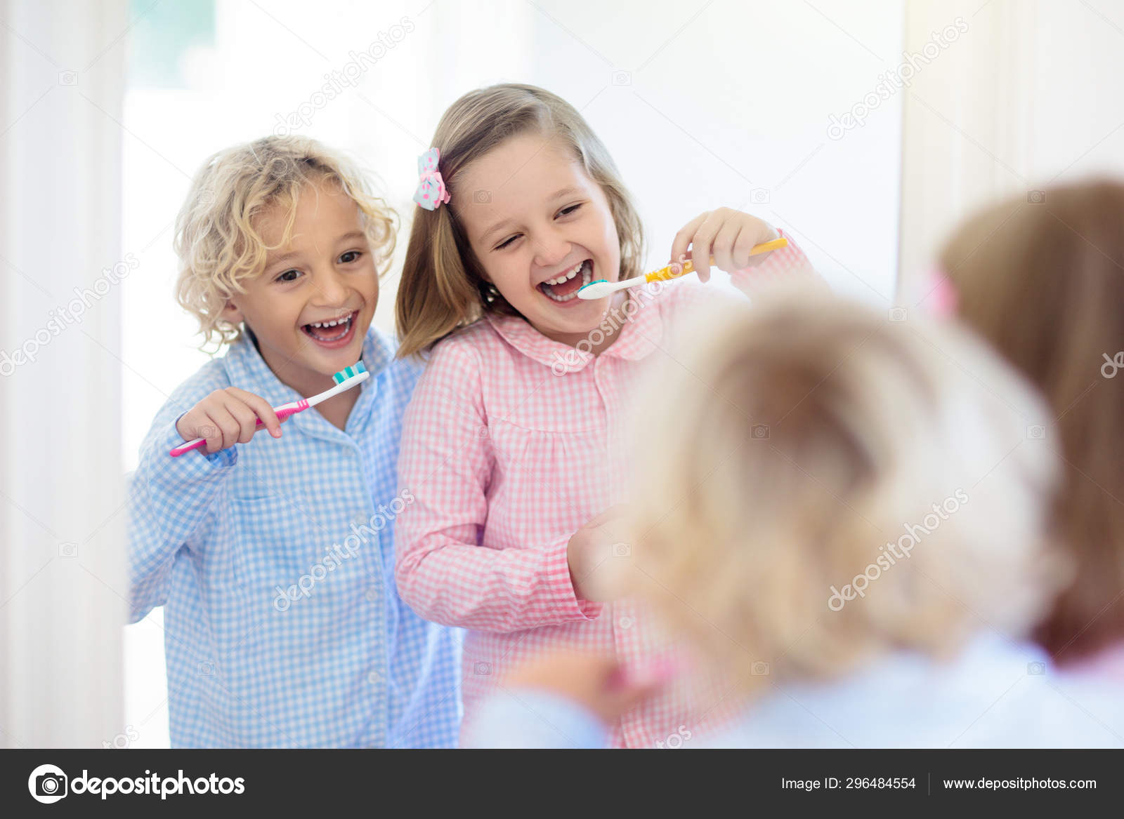 Child brushing teeth. Kids with toothpaste, brush. Stock Photo by ...