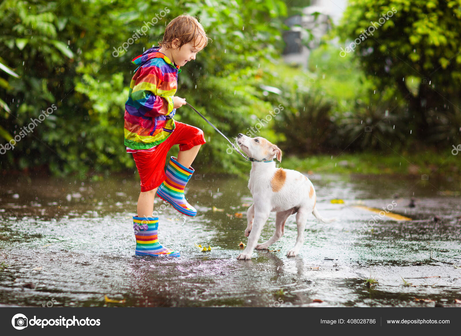 Kid Dog Playing Rain Autumn Park Child Walking Puppy Little Stock Photo ...