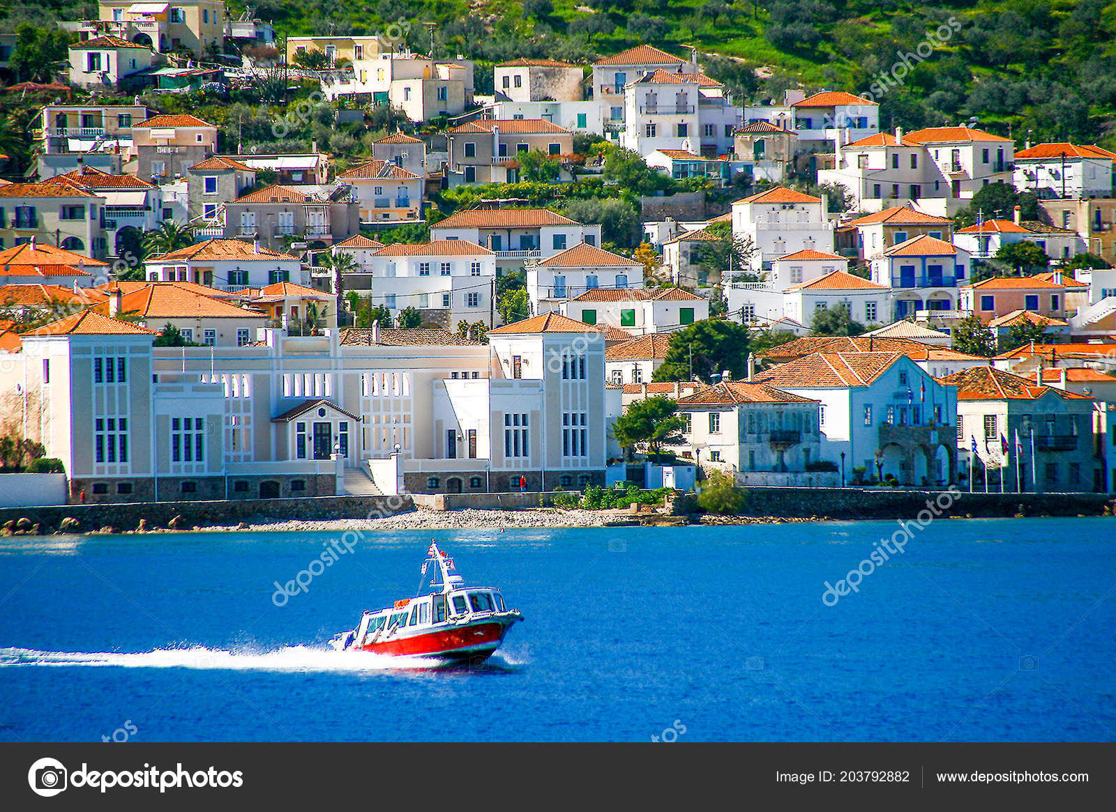 Small Red Motor Boat Transfer People Spetses Island Greece — Stock ...