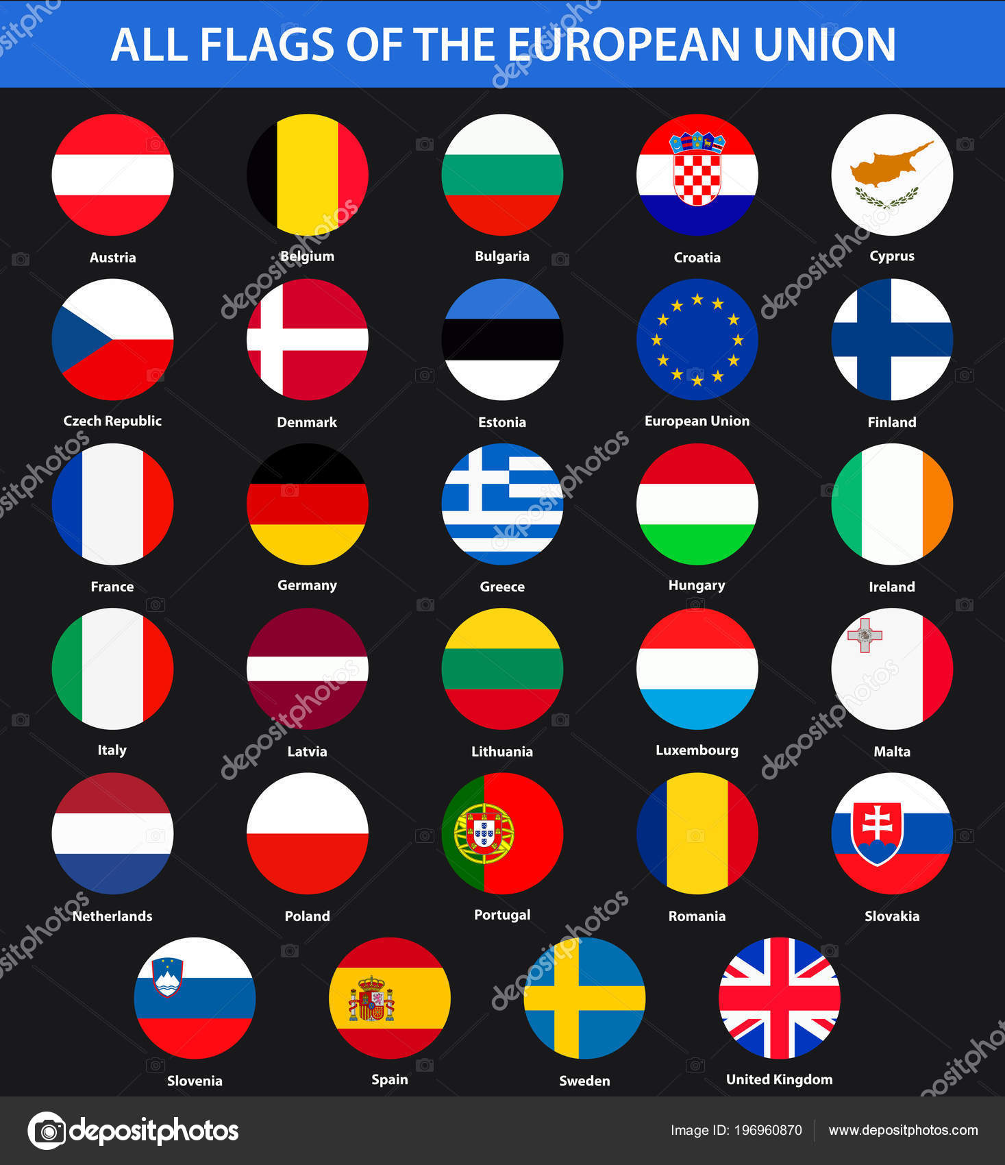 Alle Vlaggen Van Landen Van Europese Unie Vlakke Stijl vectorafbeelding ...