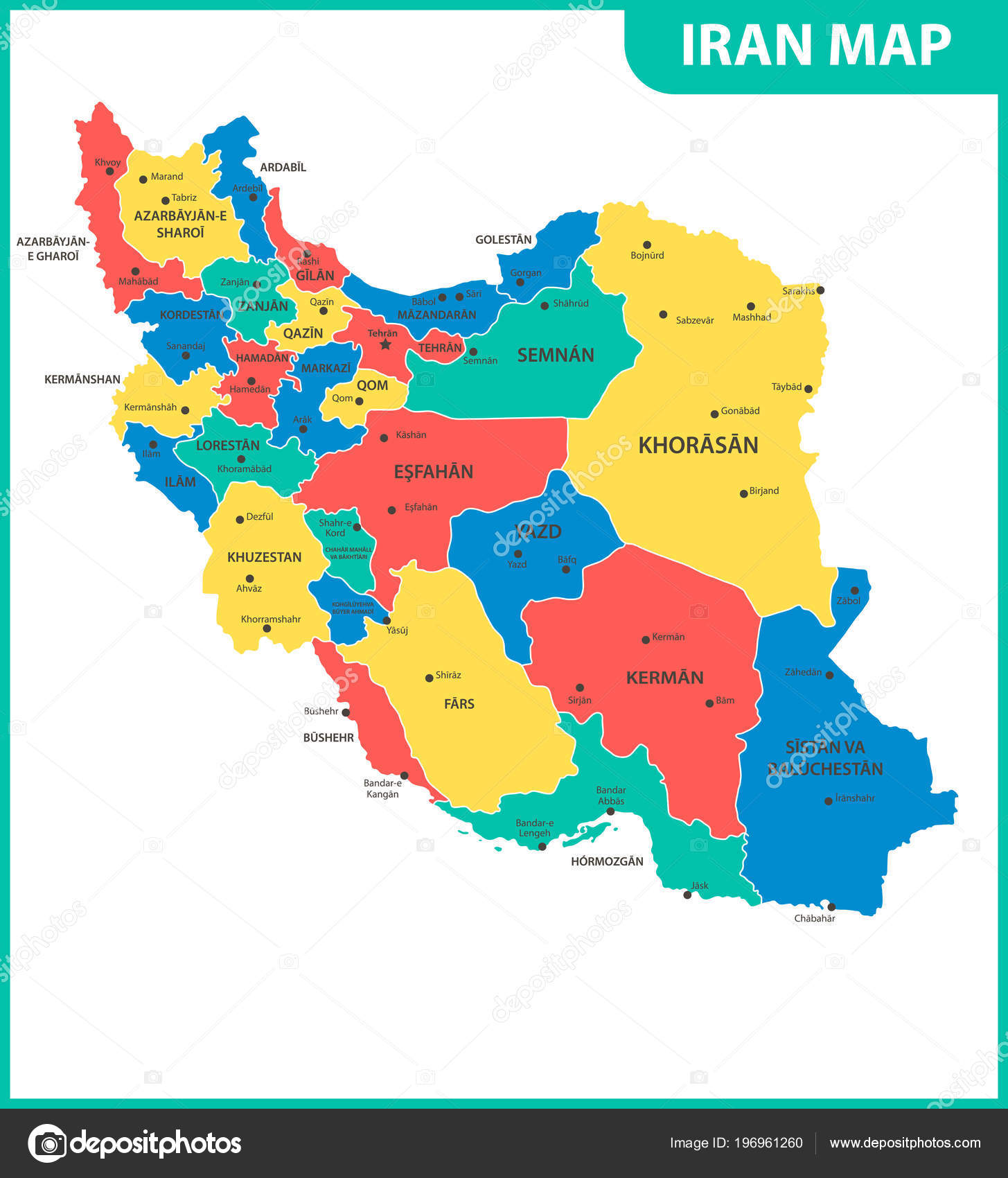 Detailed Map Iran Regions States Cities Capital Administrative Division ...