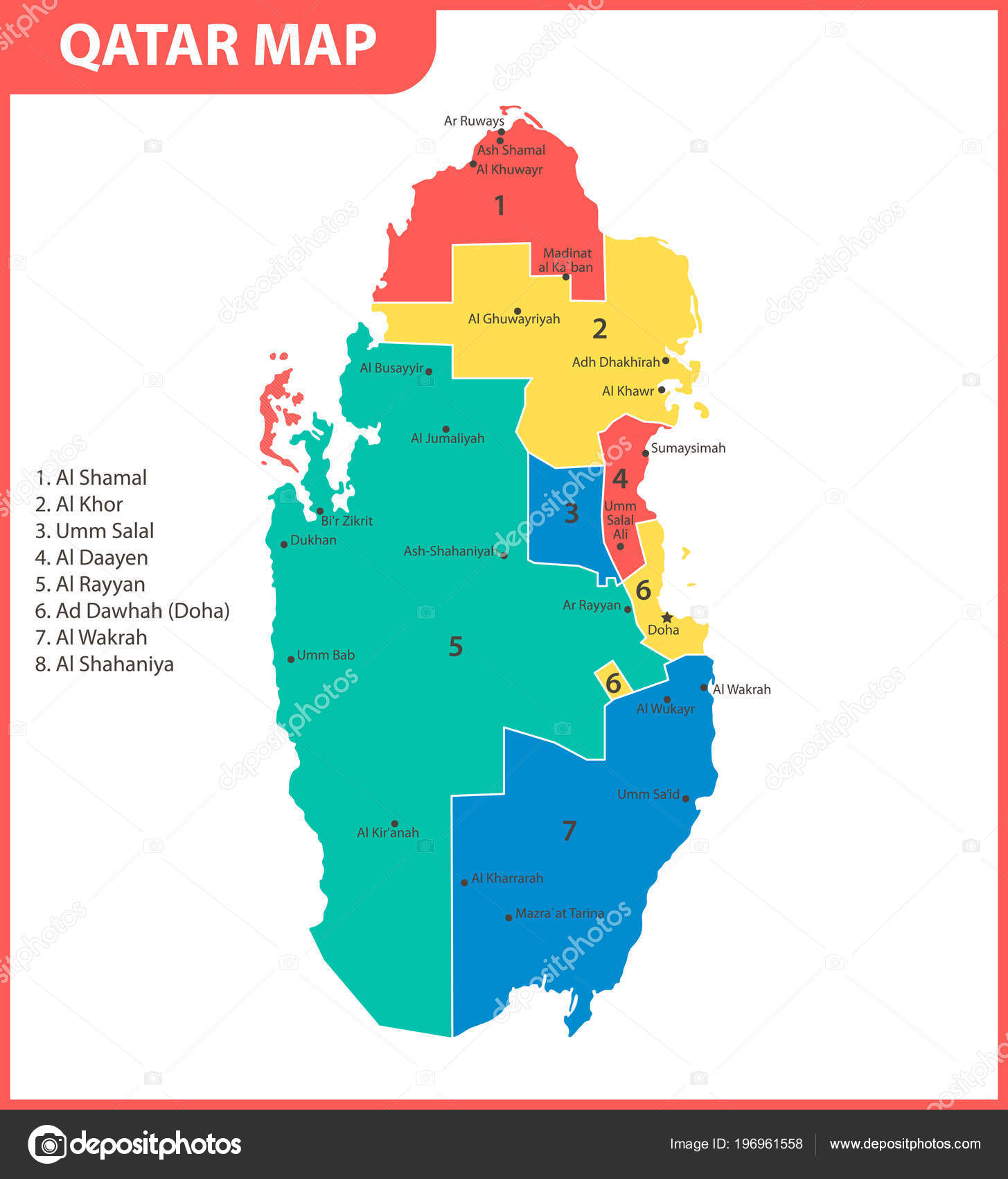 Detailed Map Qatar Regions States Cities Capital Administrative ...