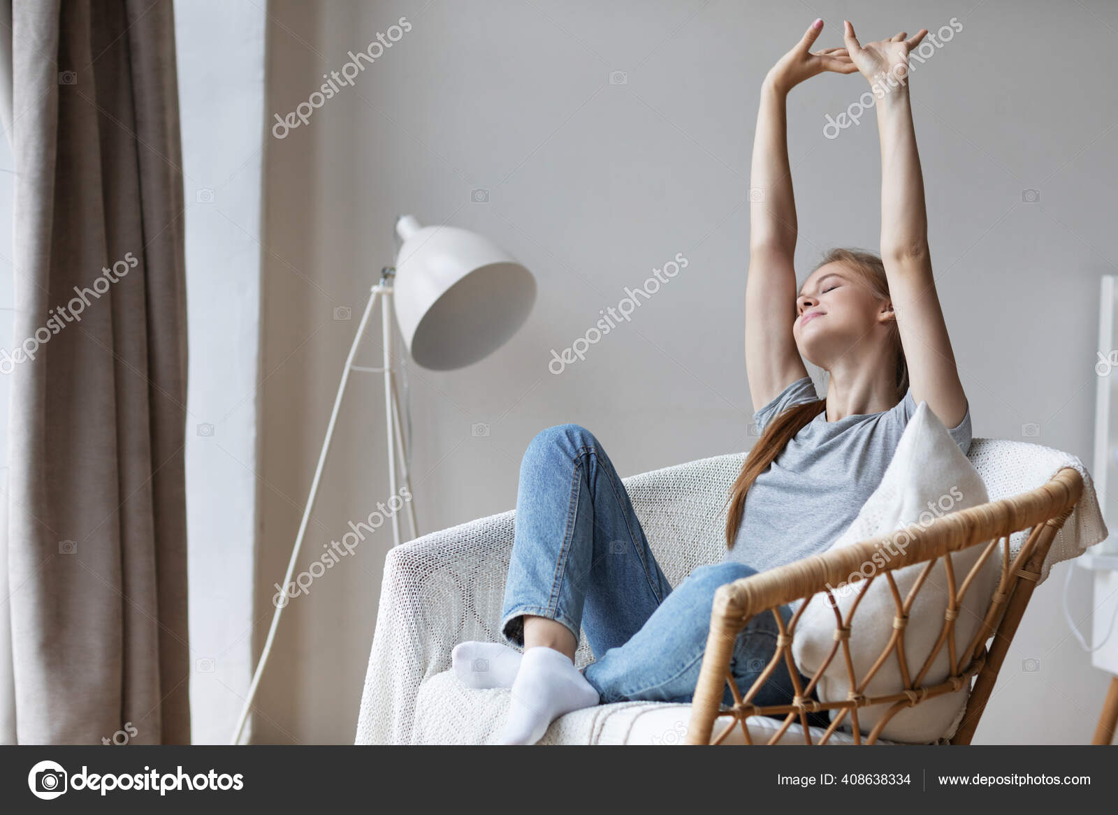 Happy Young Woman Relaxing Comfortable Chair Home — Stock Photo ...