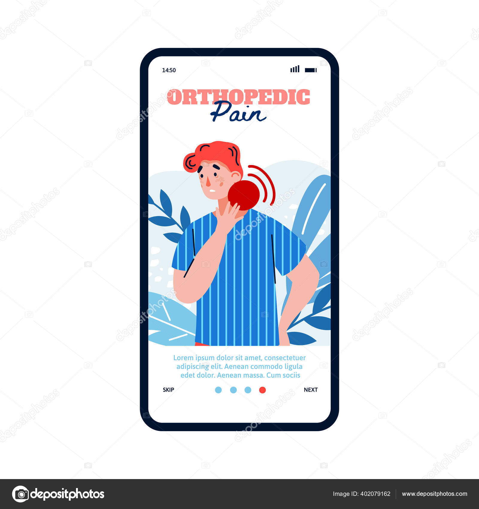 Orthopedic pain - health app banner with cartoon man touching neck ...
