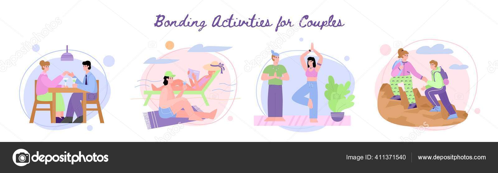 Couple bonding activities banner with characters vector illustration ...