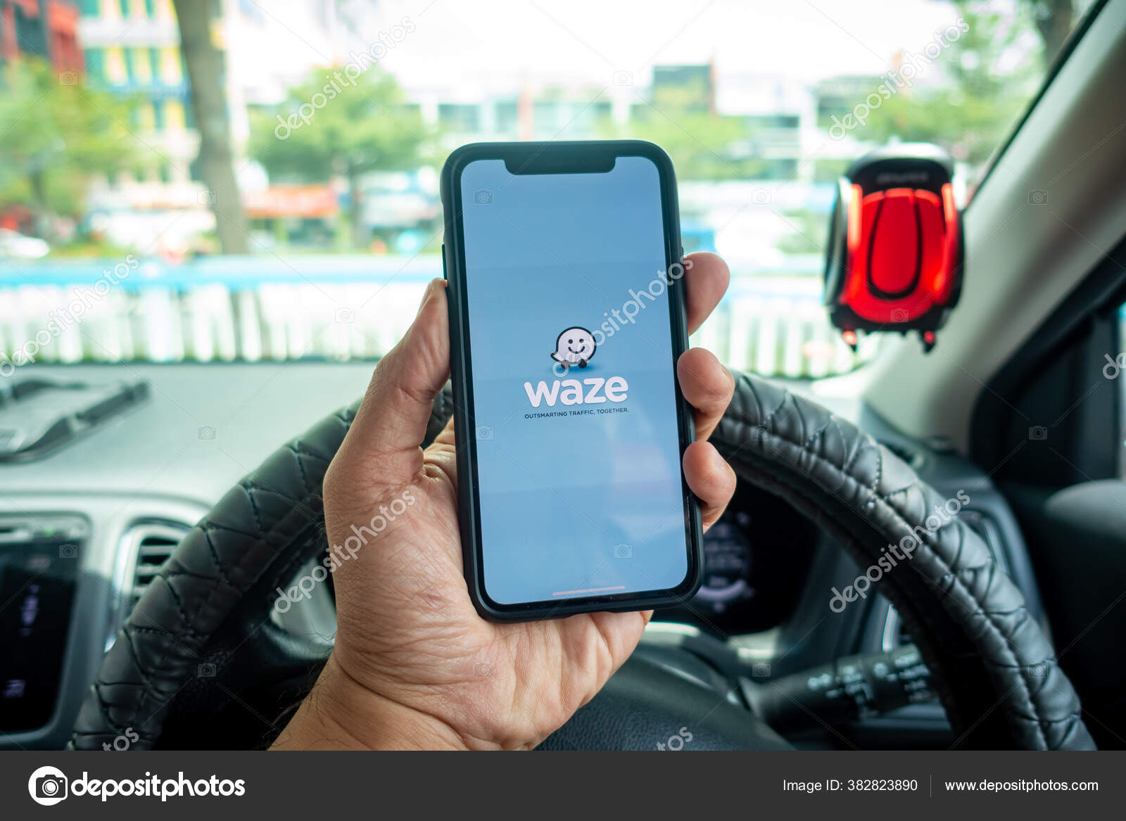 Man Holding Iphone Waze Navigation App Car Waze Has Gain – Stock ...