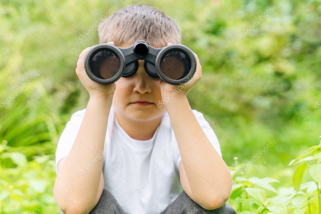 curioso niño busca vida silvestre a través de prismáticos en el parque ...
