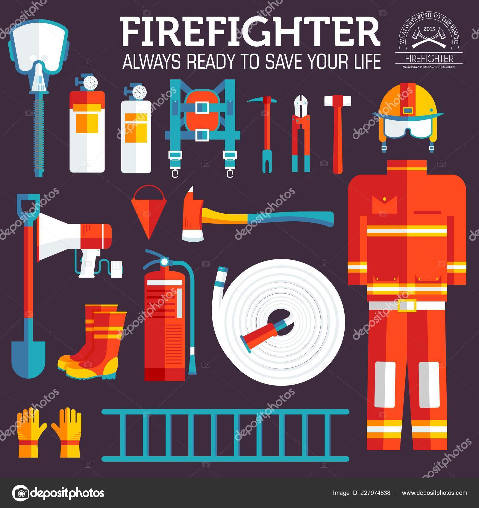 Firefighter uniform and first help equipment set and instruments. On ...
