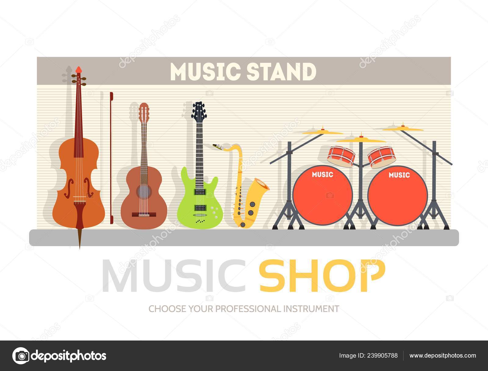 Music Shop Flat Design Background Concept Stand Musical Instruments ...