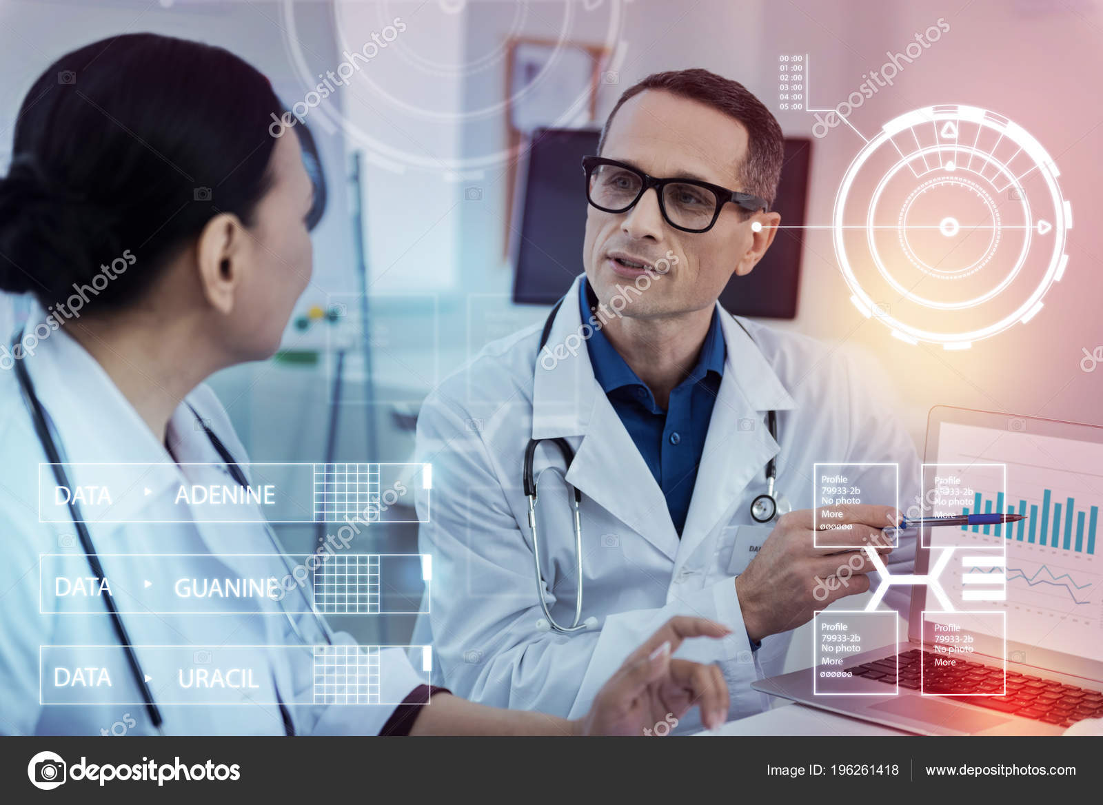 Curious doctor asking questions while showing statistics to a colleague ...