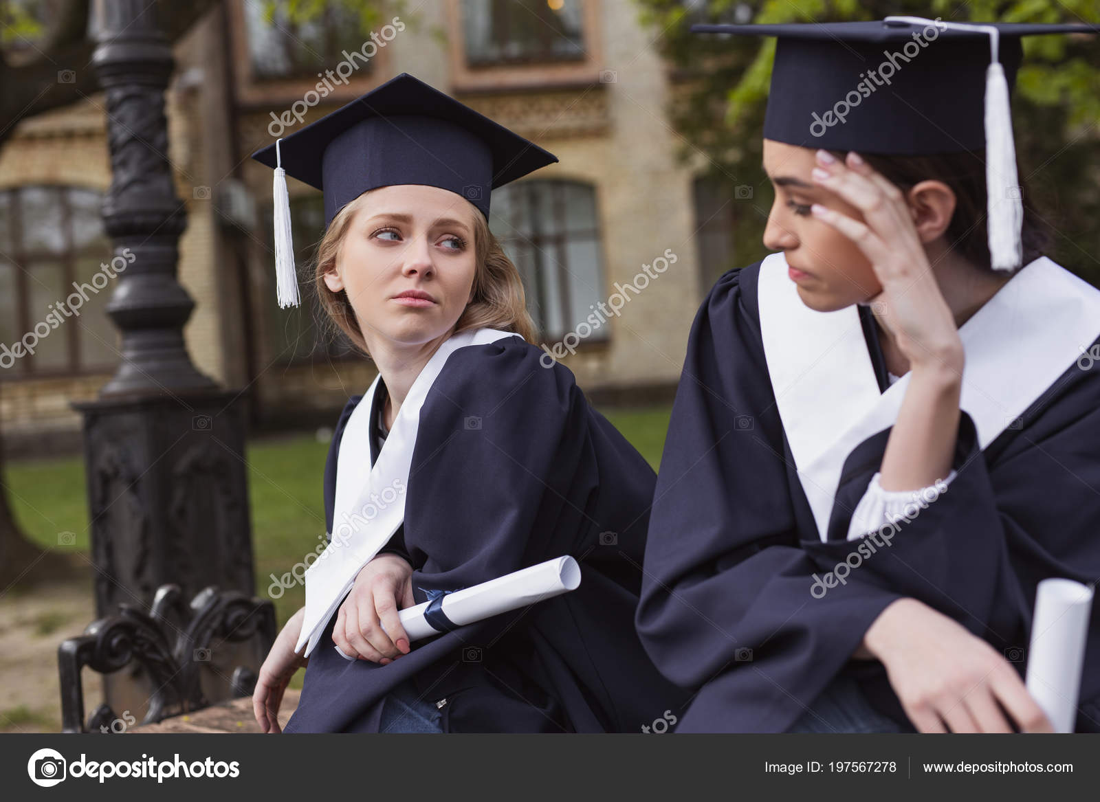 Friends feeling sad after graduation from university — Stock Photo ...