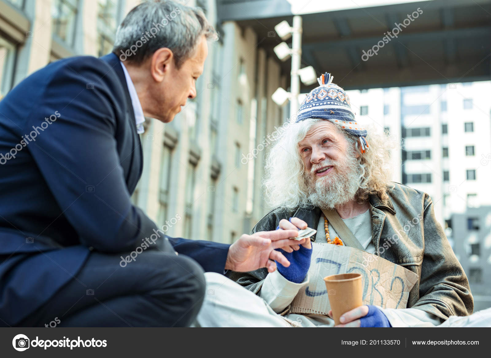 Happy Homeless People With Food