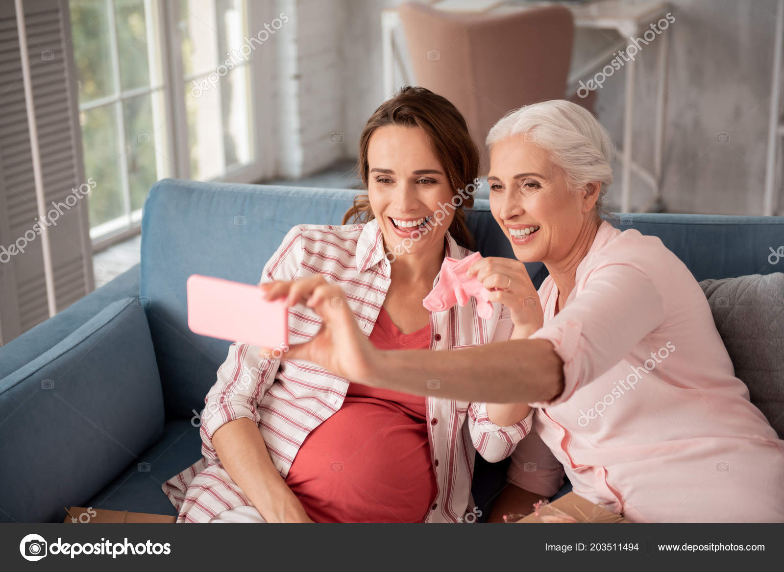 Aged woman feeling memorable making photo with her niece — Stock Photo ...