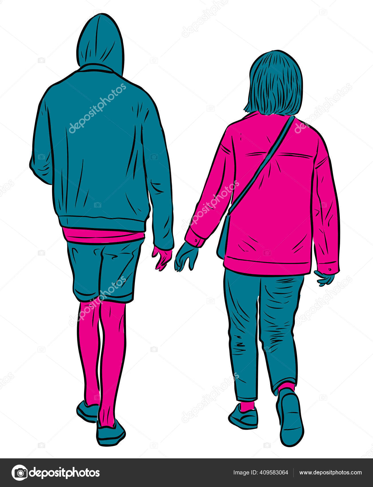 Vector Drawing Couple Teenagers Walking Street Together Stock Vector By