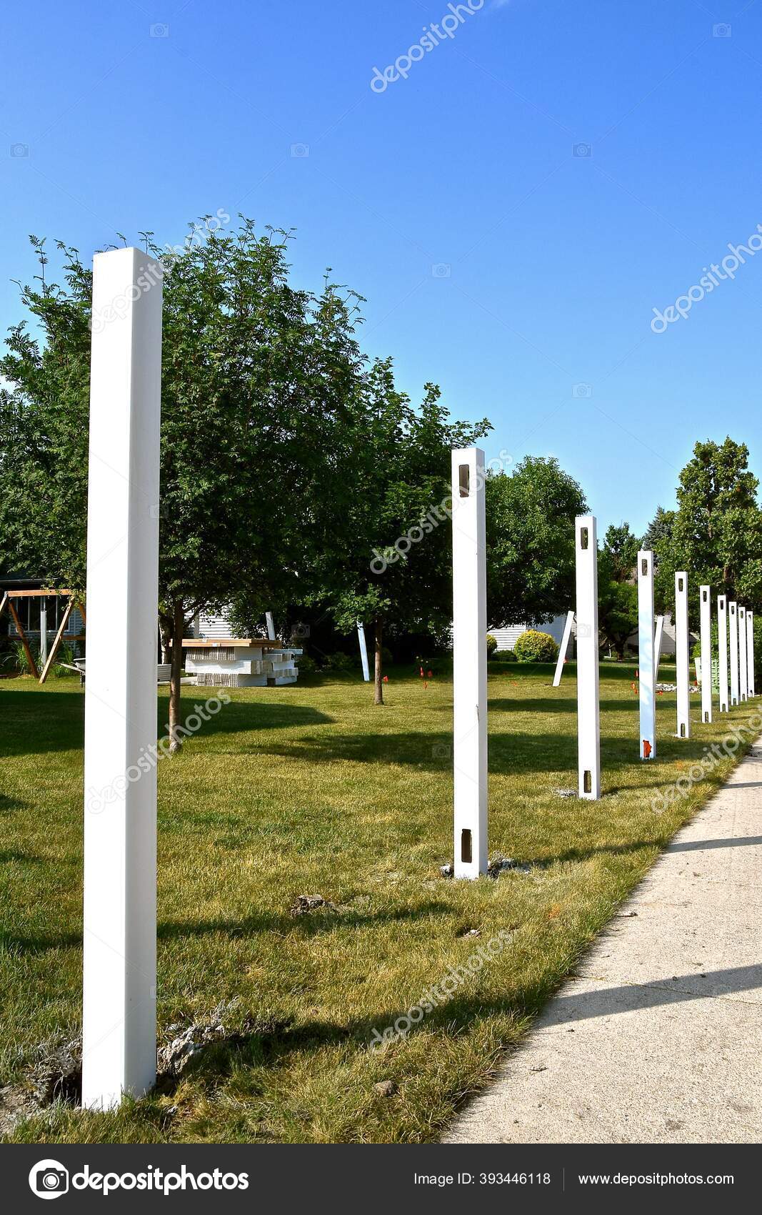 Line White Vinyl Posts Place New Backyard Fence — Stock Photo ...