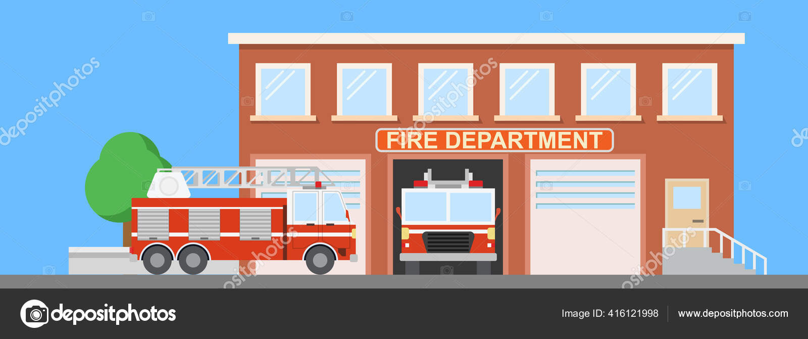 Fire Station Two Fire Engines Flat Style Colorful Vector Illustration ...