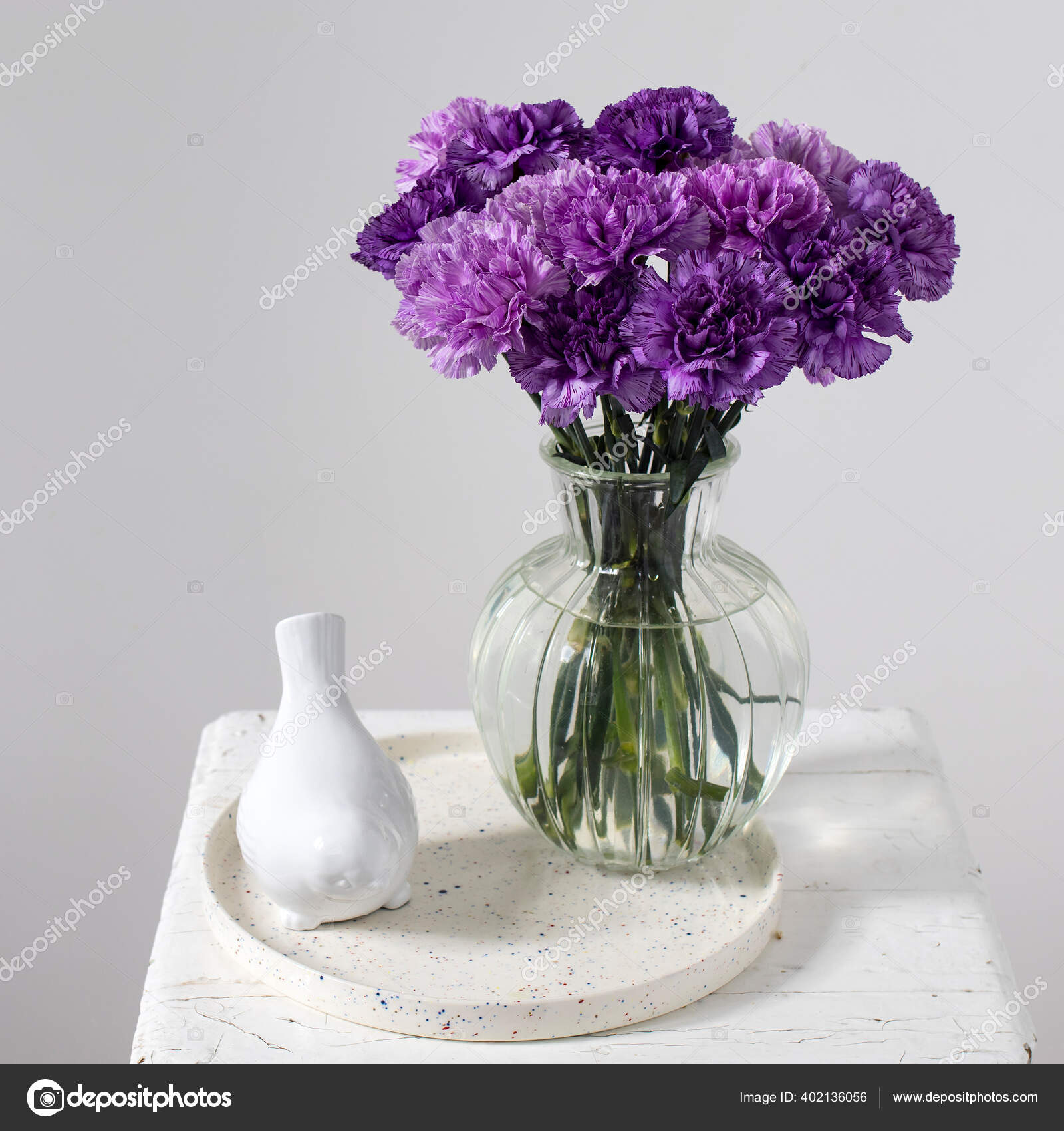 Bridal Bouquets Lilac Carnations Four Glass Vases Different Sizes Table ...